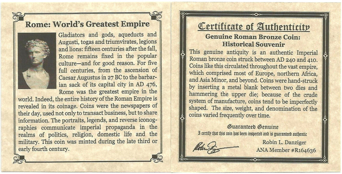 Authentic Ancient Rome Bronze Coin AD 240-410 - COA & History & Mini A ...