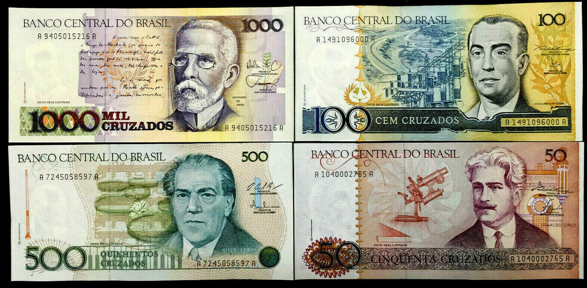 Brazil 1000,500,100, 50 Cruzeiros Banknote World Paper Money UNC Curre ...