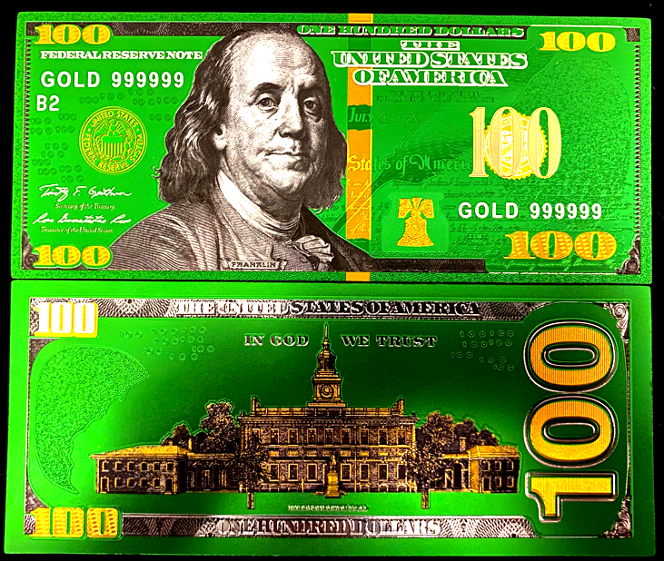 Green Foil Plated Double Sided $100 Dollar Bill with Yellow Seal ...